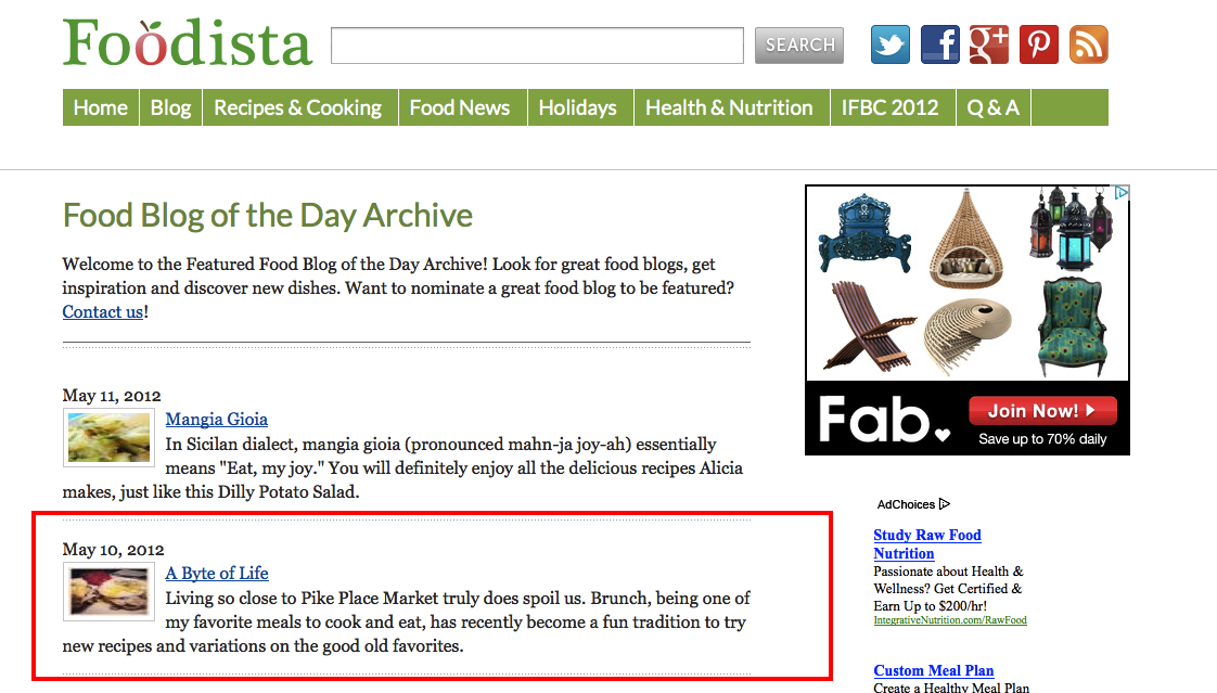 Featured Blog of the Day on Foodista!! - A Byte of Life